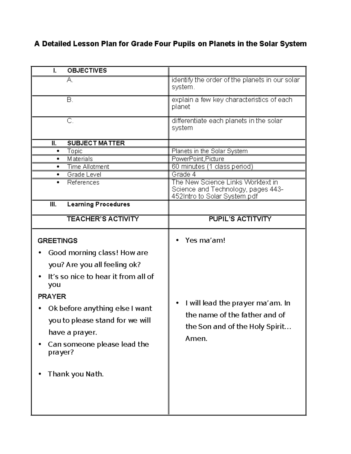 Detailed Lesson Plan on Planets for Grade 4 (Science) - Studocu