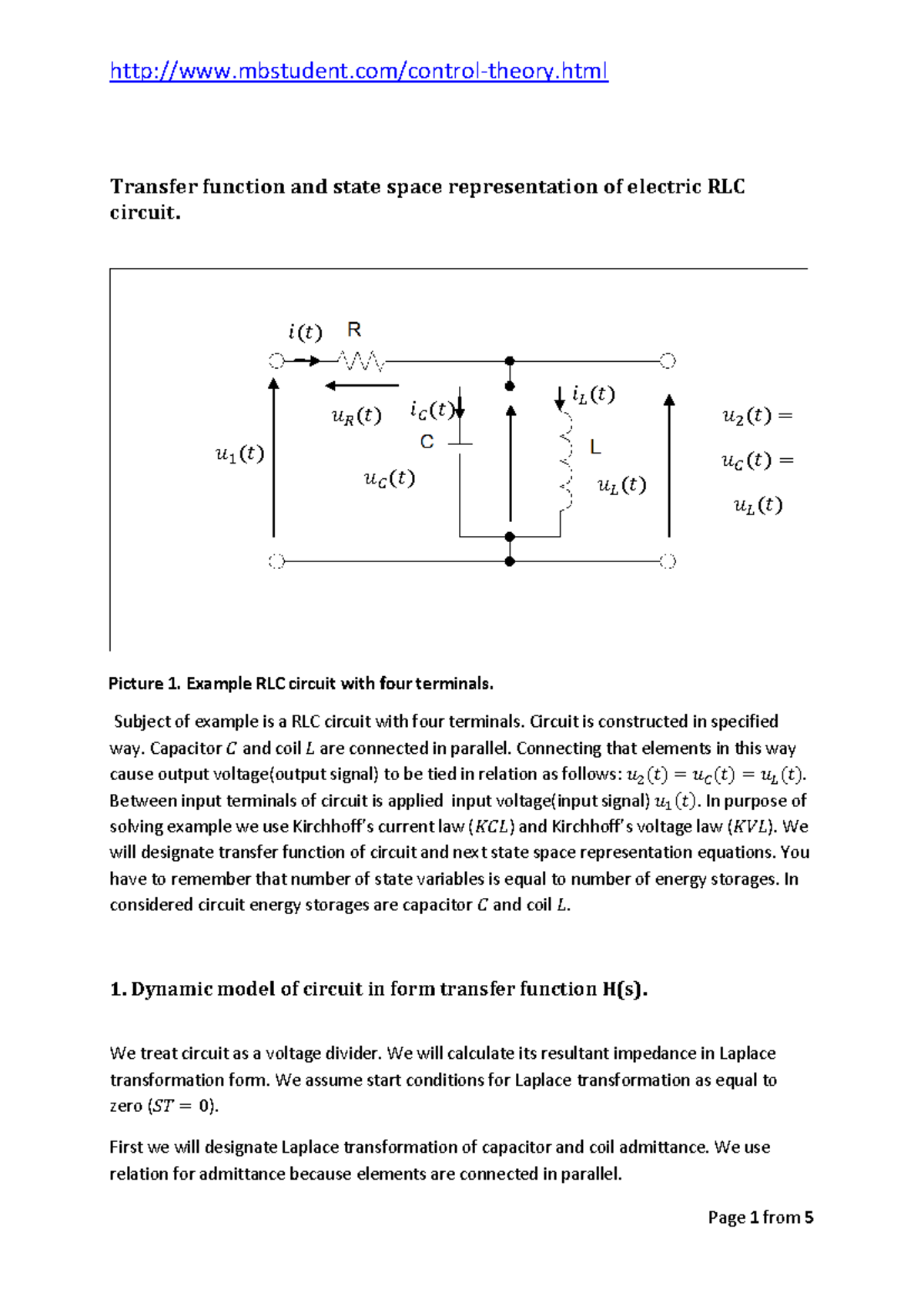 RLC Circuit Dynamics: Transfer Function & State Space (EE101) - Studocu