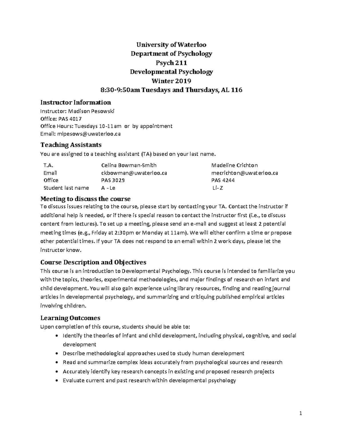 Psych 211 Developmental Psychology Syllabus - Winter 2019 - Studocu
