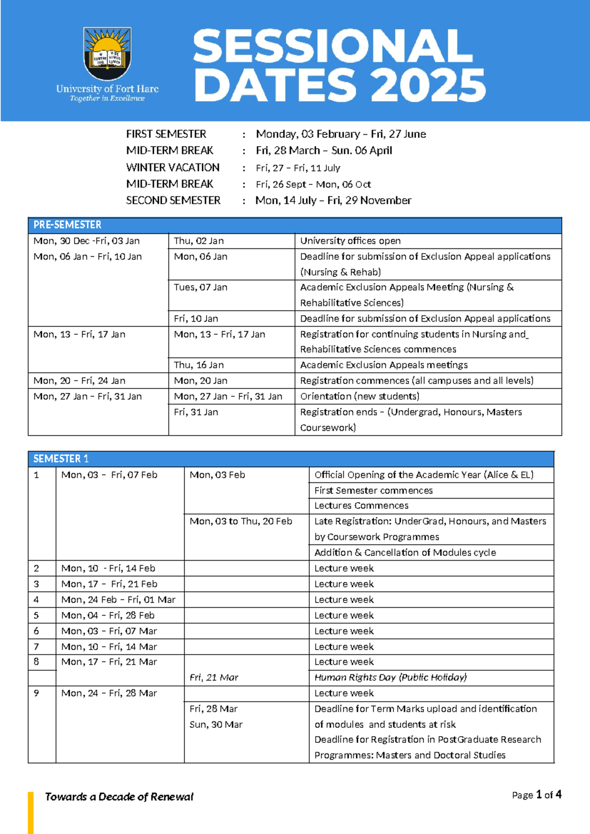 Academic Calendar 2025: Sessional Dates for First and Second Semesters ...