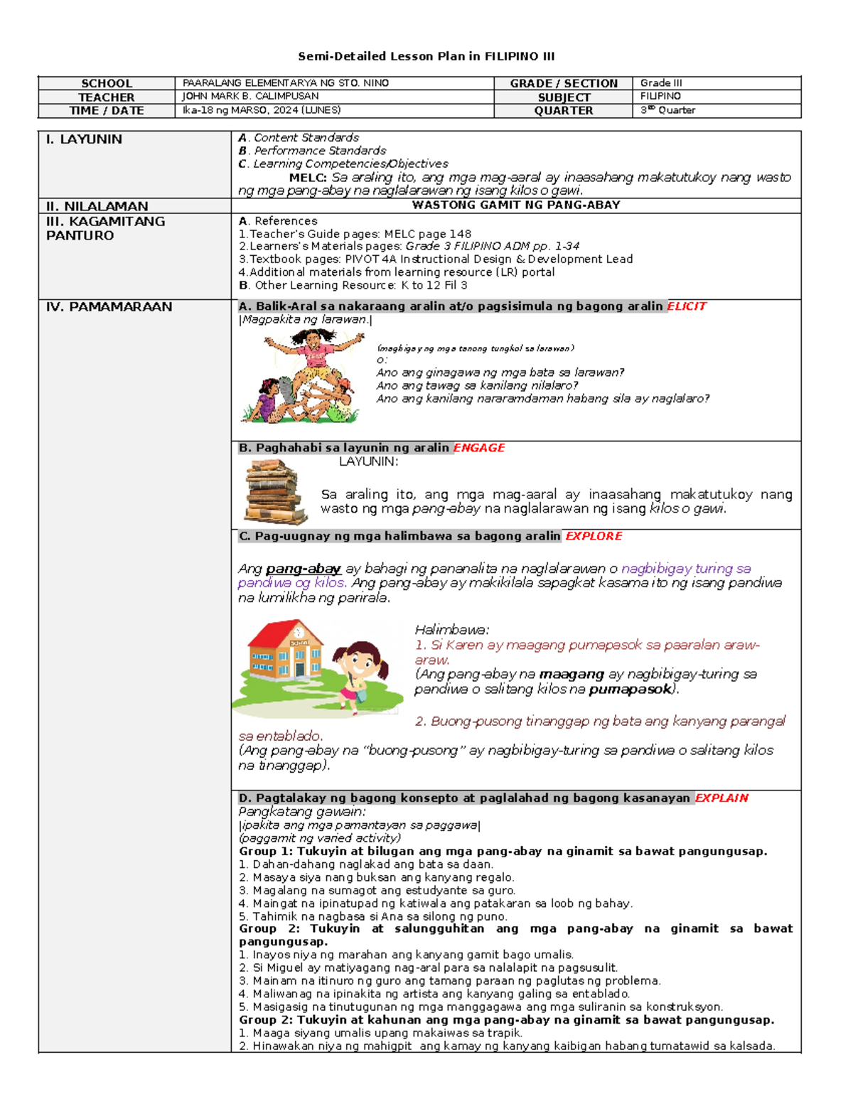 FILIPINO III Semi-Detailed Lesson Plan for Week 8 - Q3 - Studocu