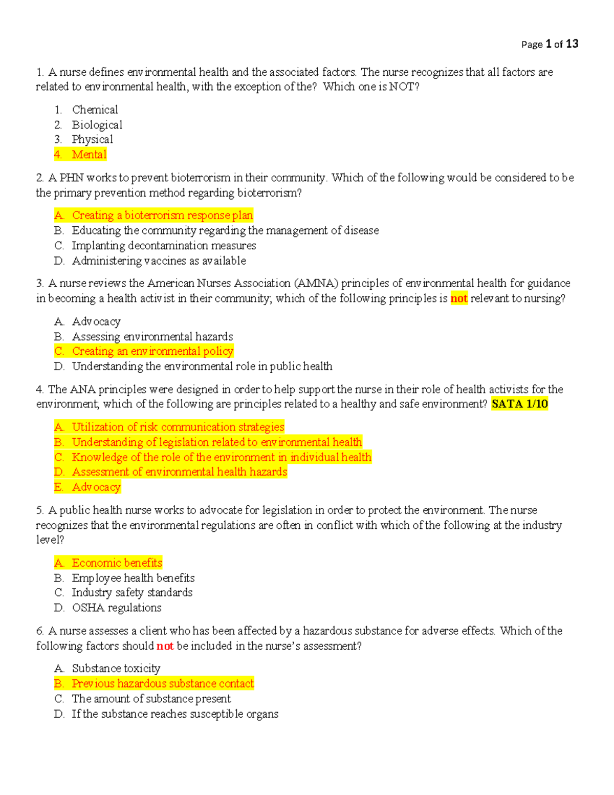 Community Health Exam Review - Key Questions and Concepts - Studocu