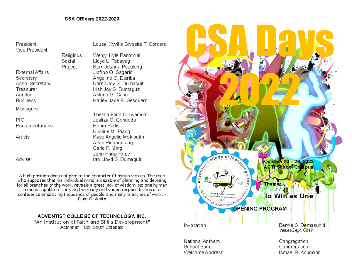 CSA Program Final 2022 Overview and Activities Schedule - Studocu