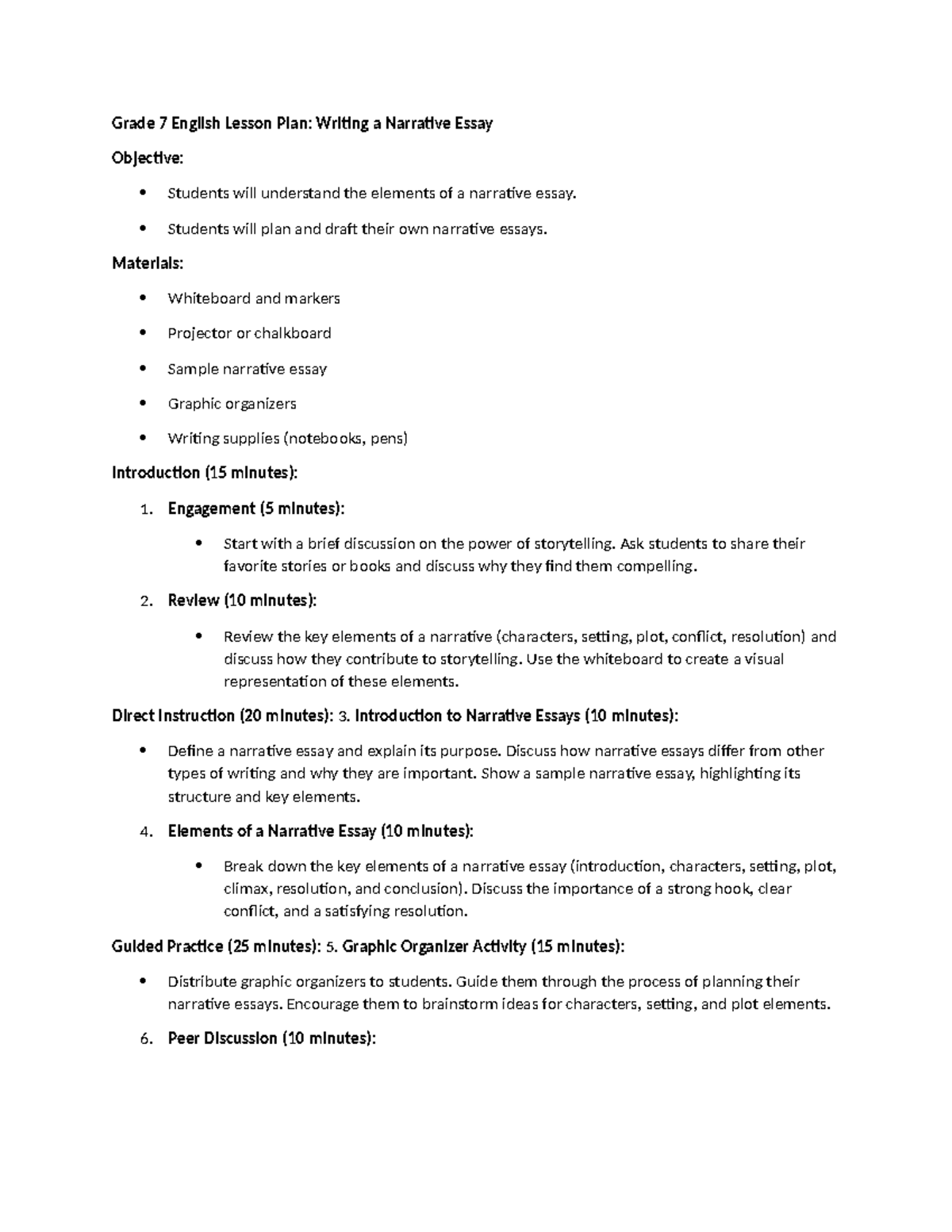 Grade 7 English Lesson Plan: Crafting a Narrative Essay - Studocu