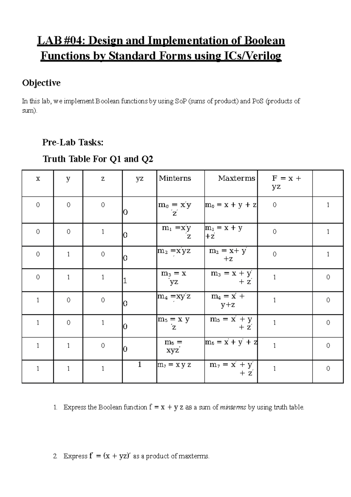 DLD Lab #4: Design & Implementation of Boolean Functions using ICs - Studocu