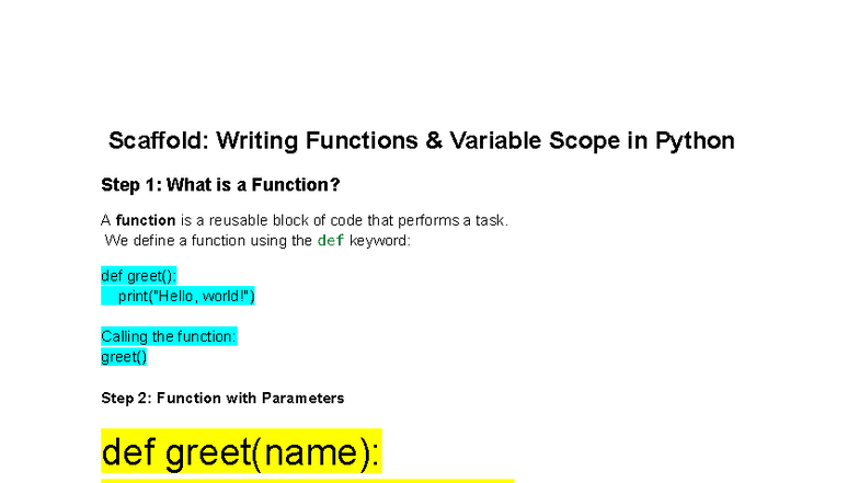 Scaffold: Writing Functions & Variable Scope in Python (CS101) - Studocu