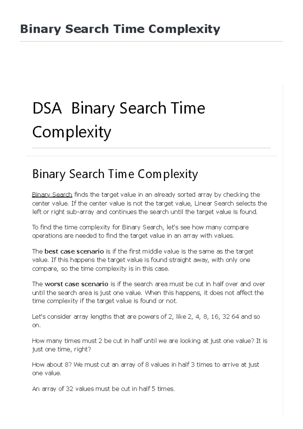 DSA: Binary Search Time Complexity Explained and Compared - Studocu