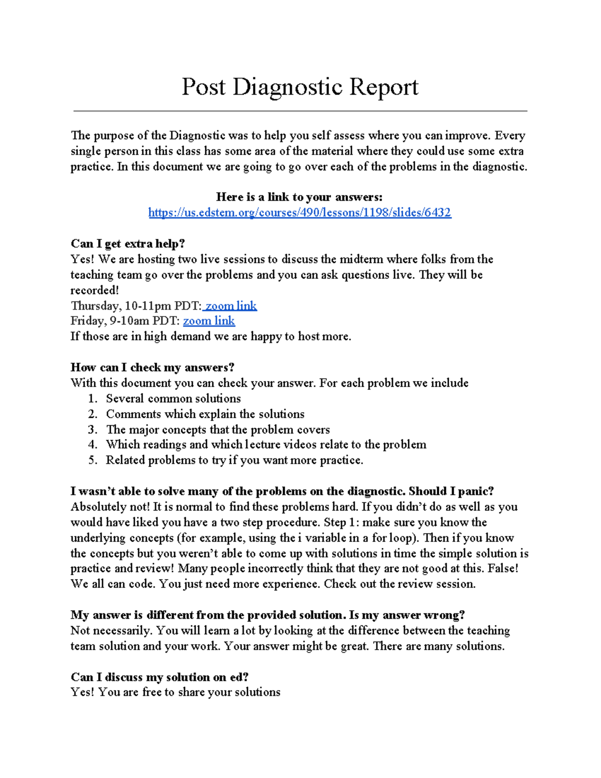 CS106A Post Diagnostic Report & Solutions for Improvement - Studocu
