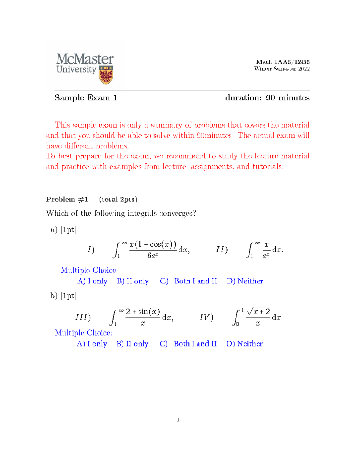 Math 1AA3/1ZB Winter 2022 Sample Exam 1 Overview and Problems - Studocu