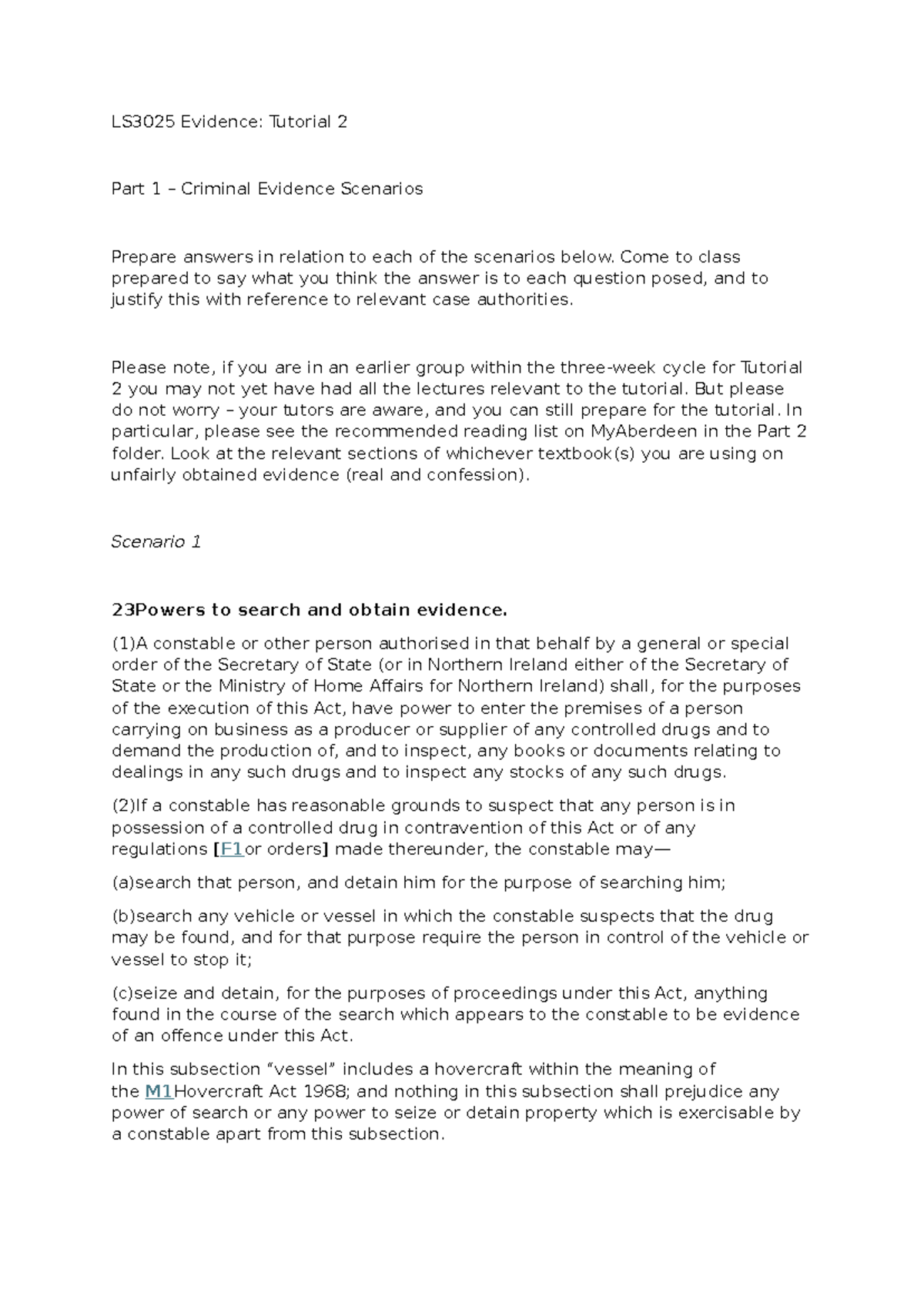 LS3025 Evidence: Tutorial 2 - Criminal Evidence Scenarios Analysis ...