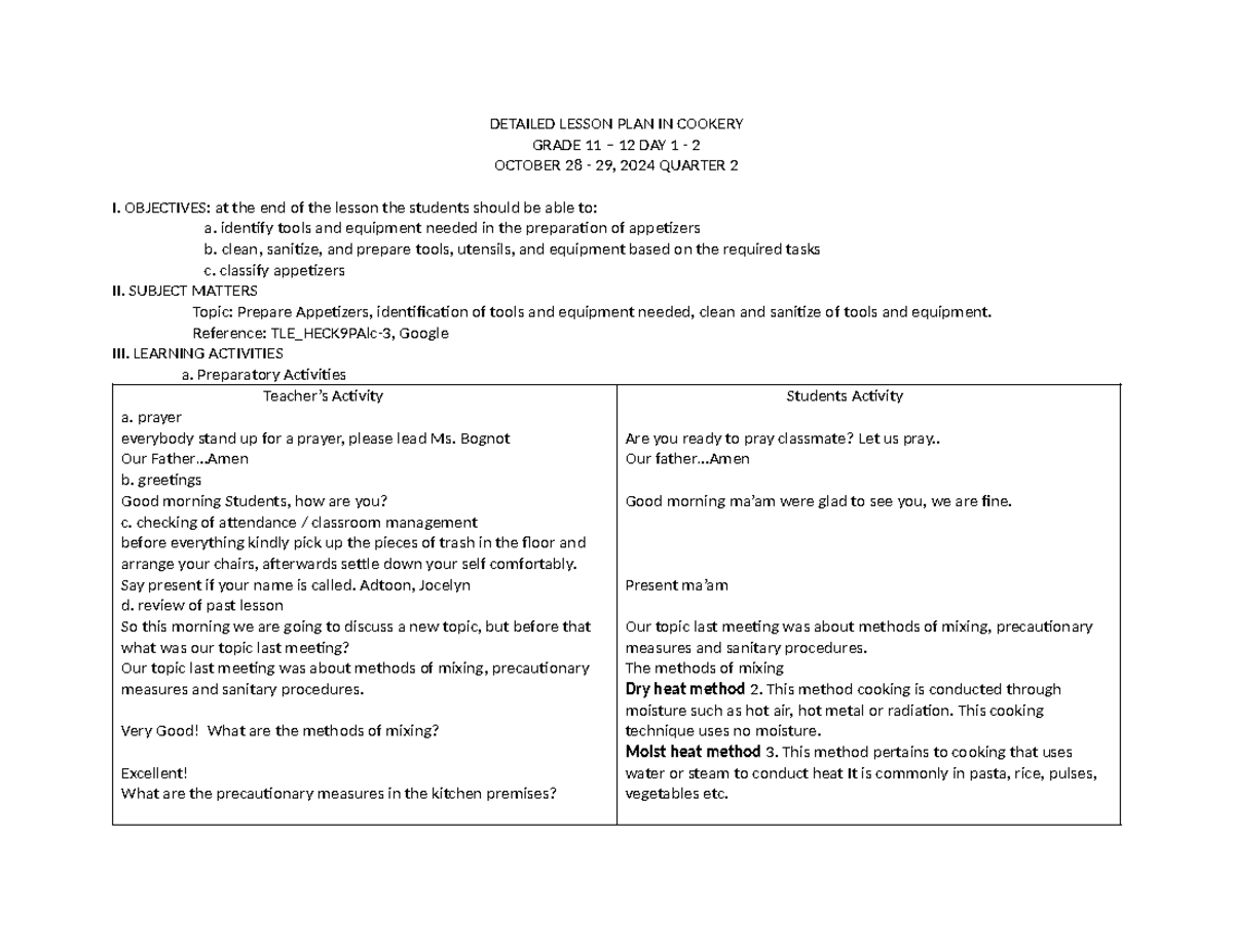 Detailed Lesson Plan in Cookery: Grade 11-12, Quarter 2 Overview - Studocu