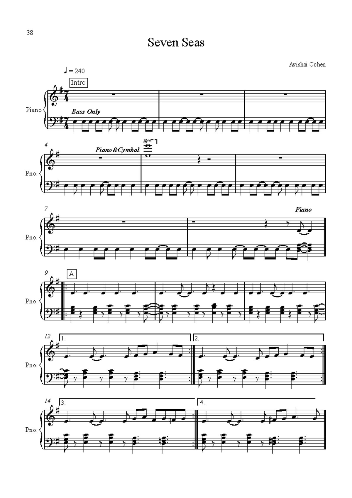 Seven-Seas - Avishai Cohen - { { { { { { Piano q = 240 Bass Only Pno ...