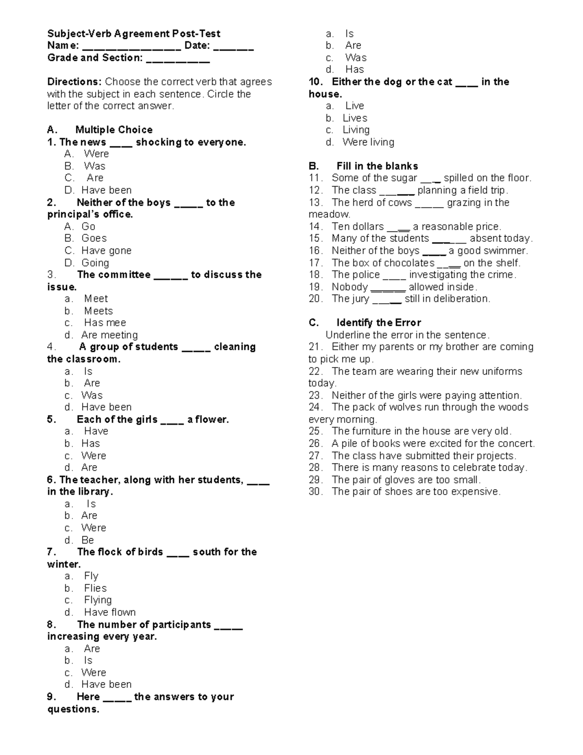 SVA Pre-Test: Subject-Verb Agreement - Post-Test Questions - Studocu