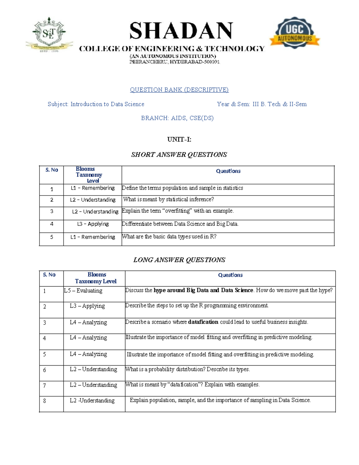 Question Bank: Intro to Data Science (B. Tech CSE(DS)) - Studocu