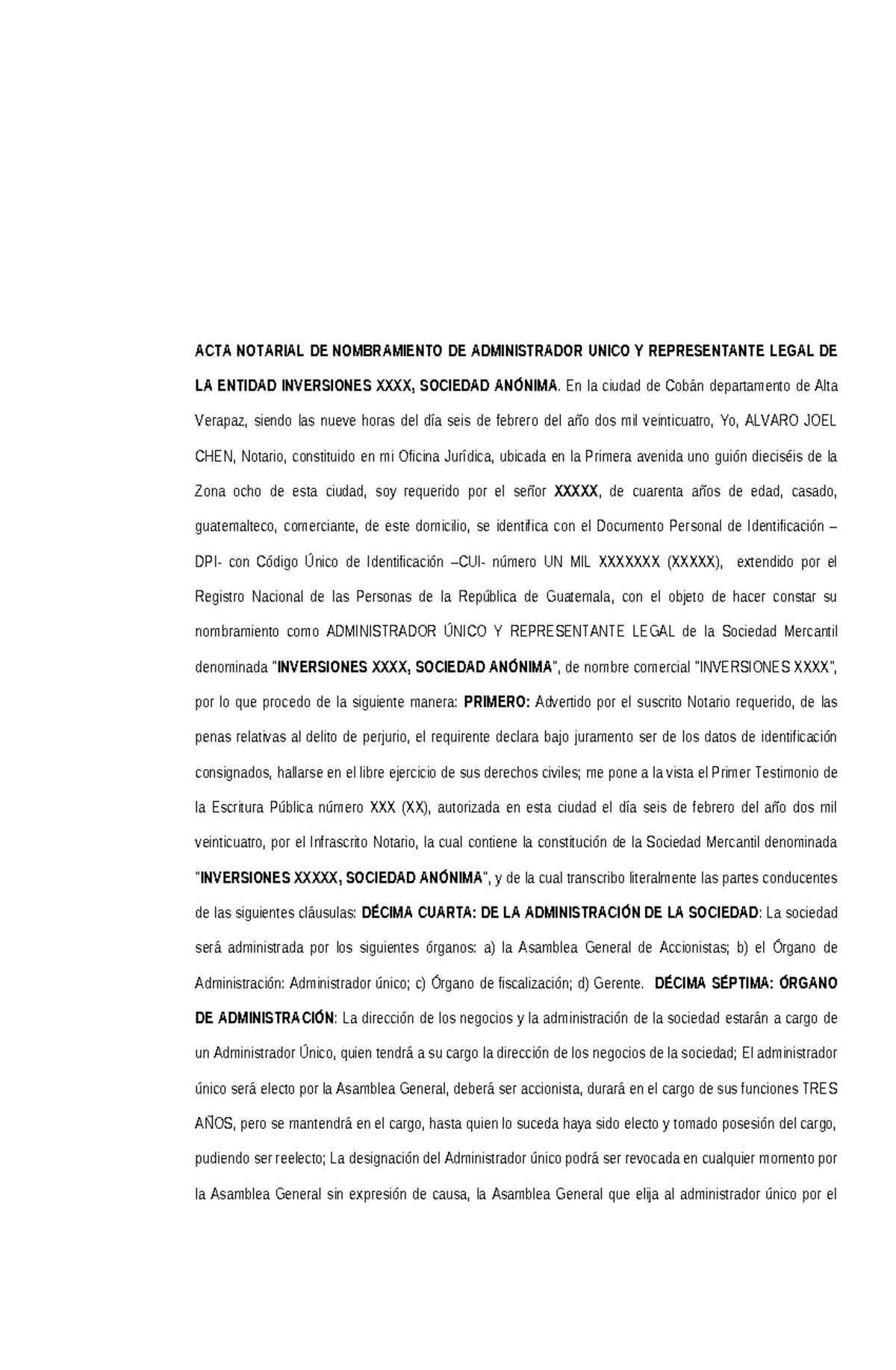 Modelo de Acta Notarial de Nombramiento de Representante S.A. - Studocu