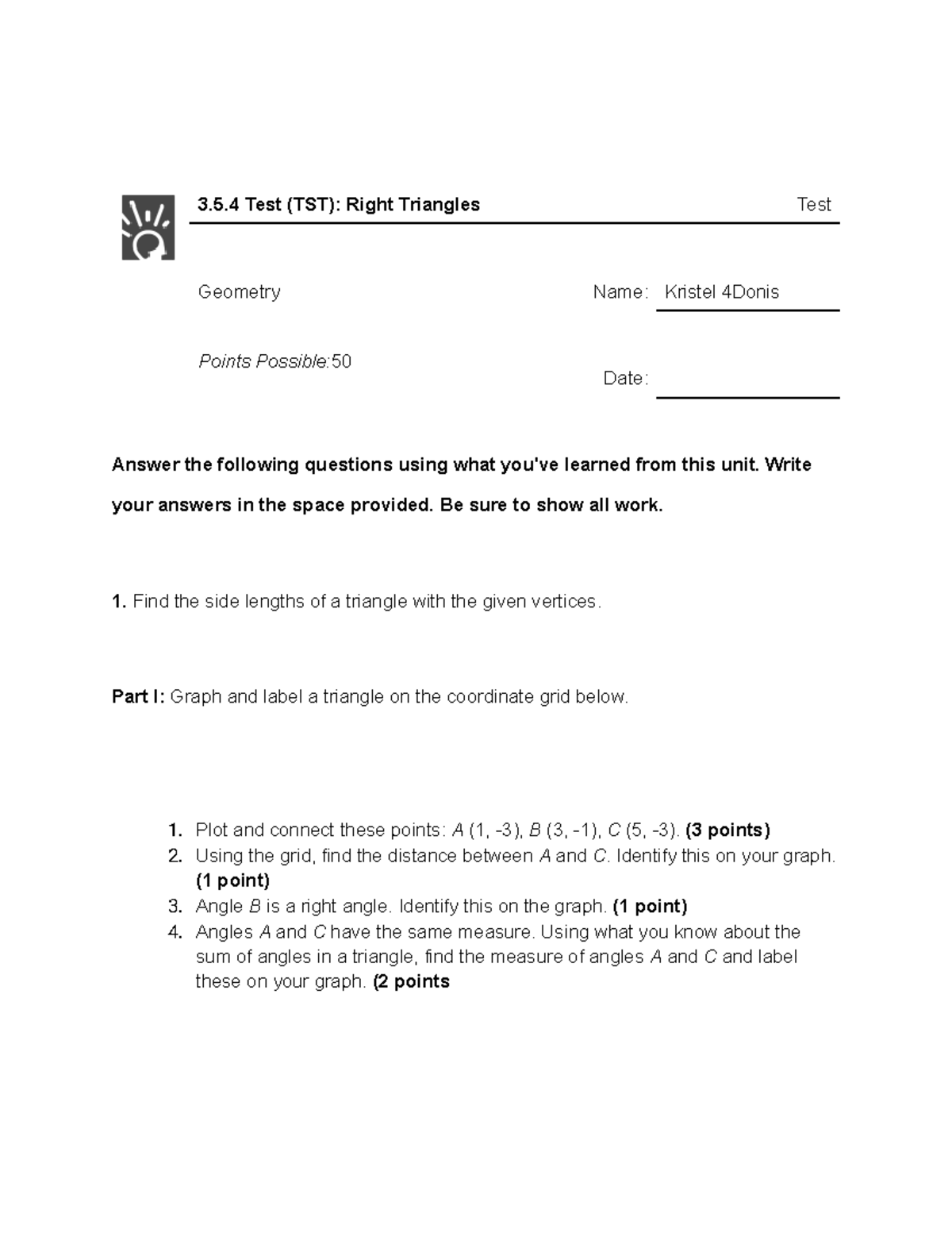3.5.4 TST: Right Triangles & Equilateral Triangle Test Prep - Studocu