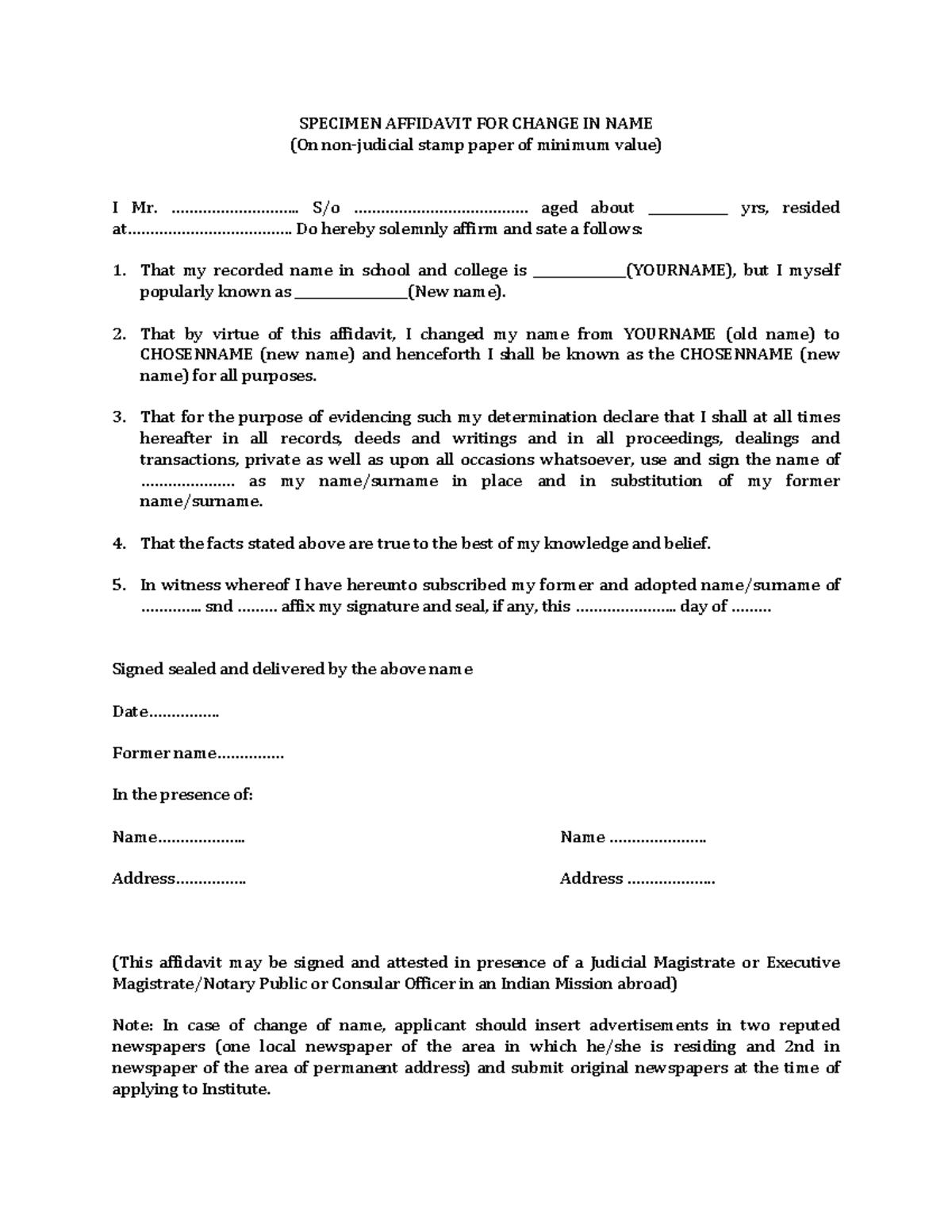 Affidavit for Name Change – Specimen Template - Studocu