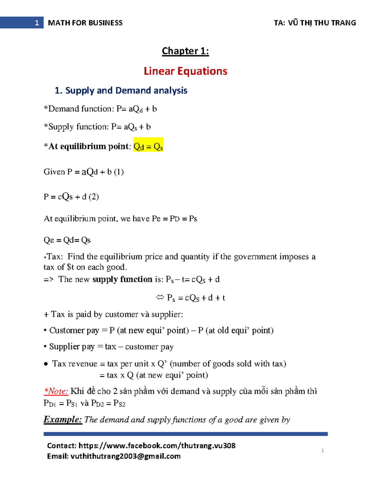 ECON 101 Midterm Revision: Key Concepts on Equilibrium & Functions ...