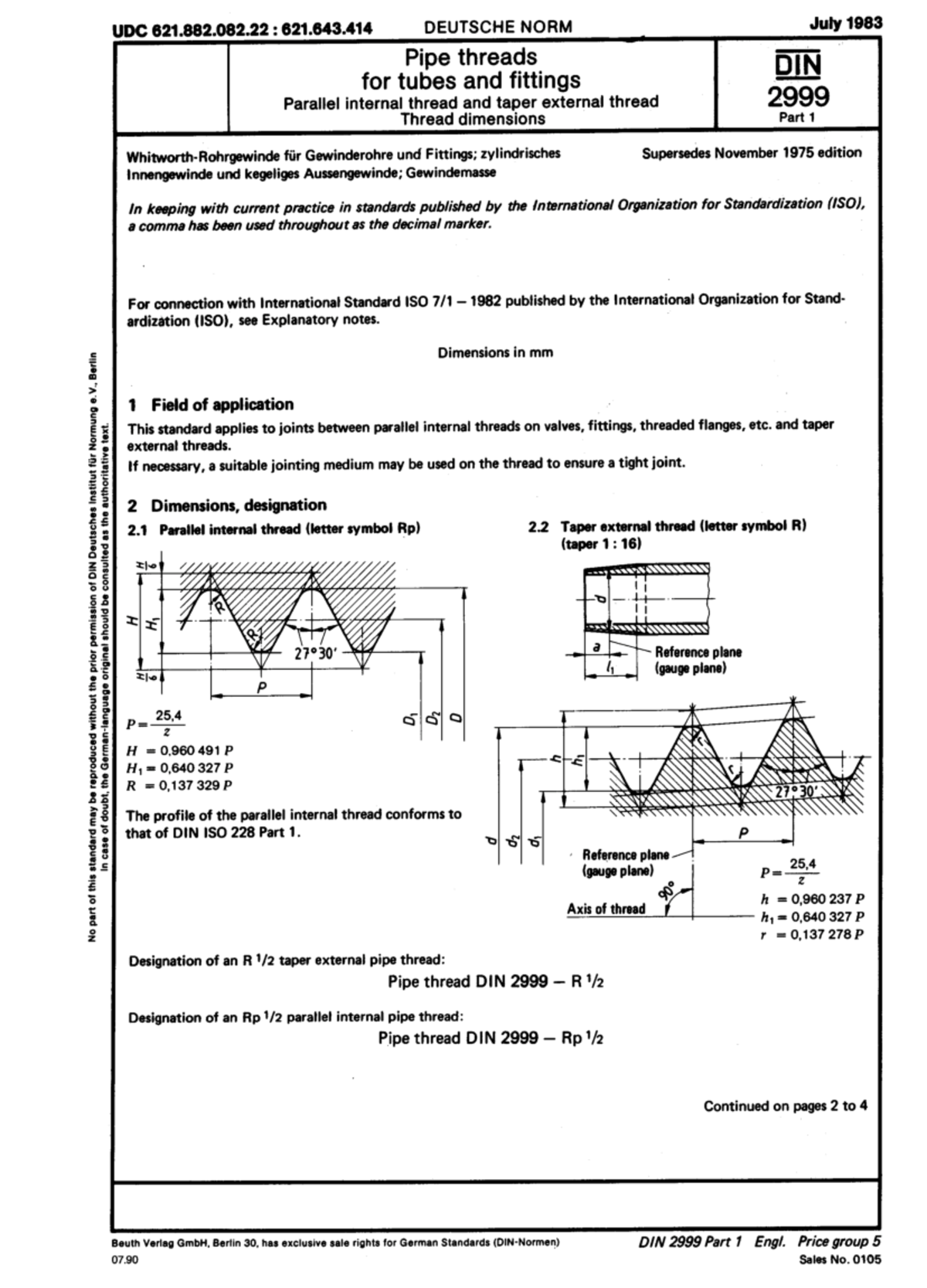 DIN 2999-1 - 1983 - Roscas BPS - UDC 621.882.082 : 621.643 DEUTSCHE ...