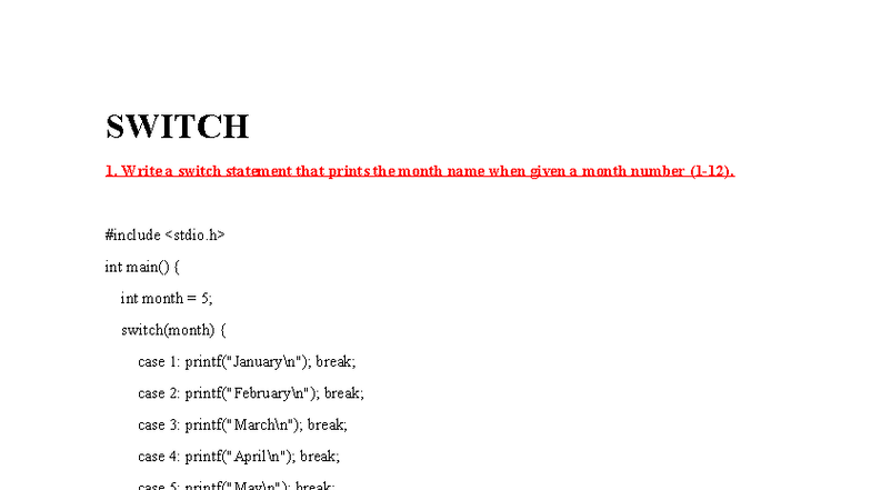 Switch Examples - Lecture Notes on Switch Statements in C - Studocu