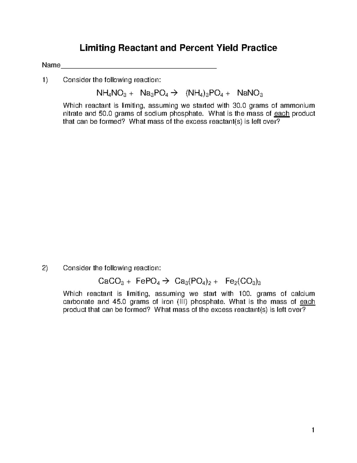 Limiting Reactant & Percent Yield Practice (Chem 101) - Studocu