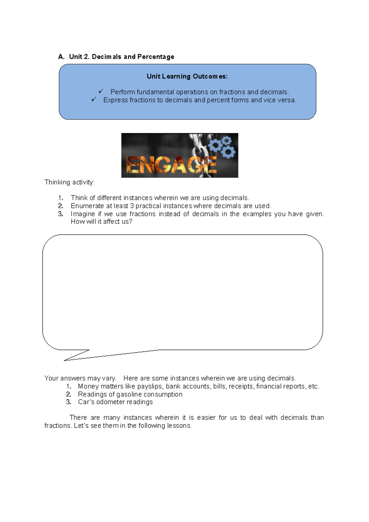 Business Math (BM101) Unit 2: Decimals & Percentages Learning Outcomes ...