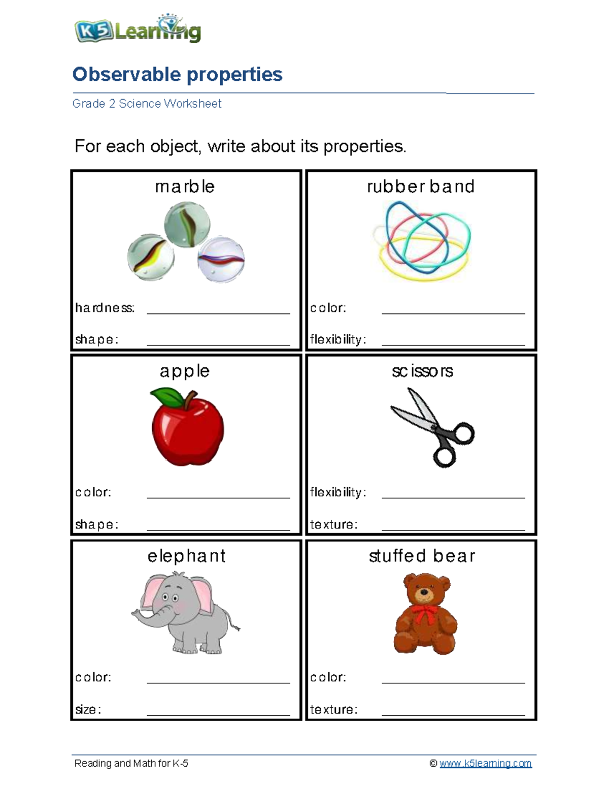 Grade 2 properties materials b - Reading and Math for K- 5 © k5learning Observable properties ...