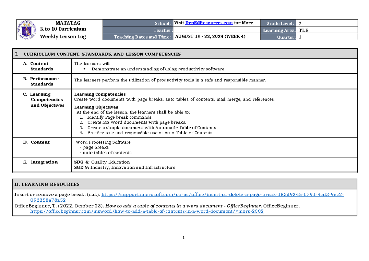 DLL Matatag TLE 7 Q1 W4 Lesson Log: Word Processing with TOC & Page Breaks - Studocu