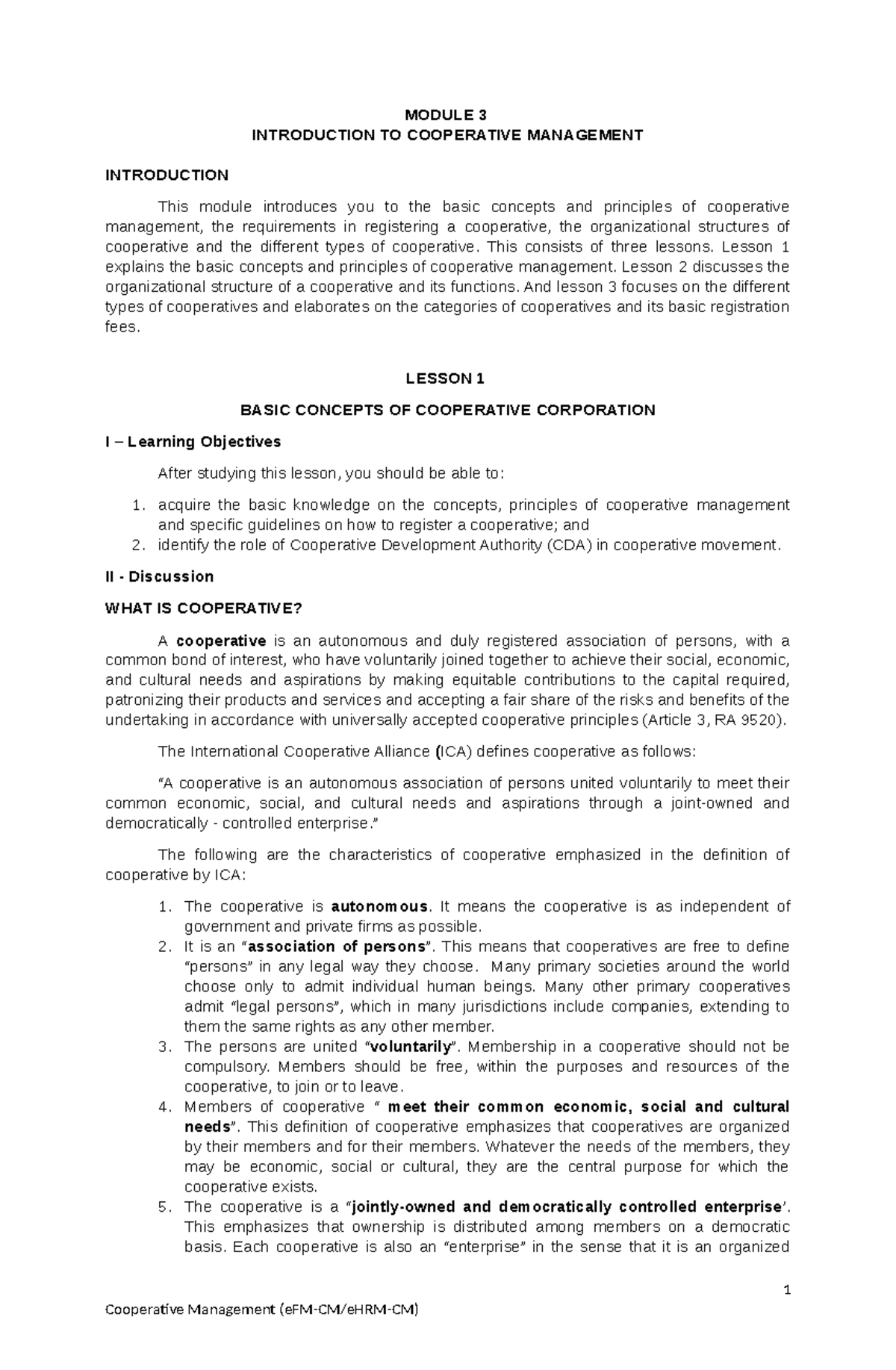 Module 3: Introduction to Cooperative Management (Coop Mgt 101) - Studocu