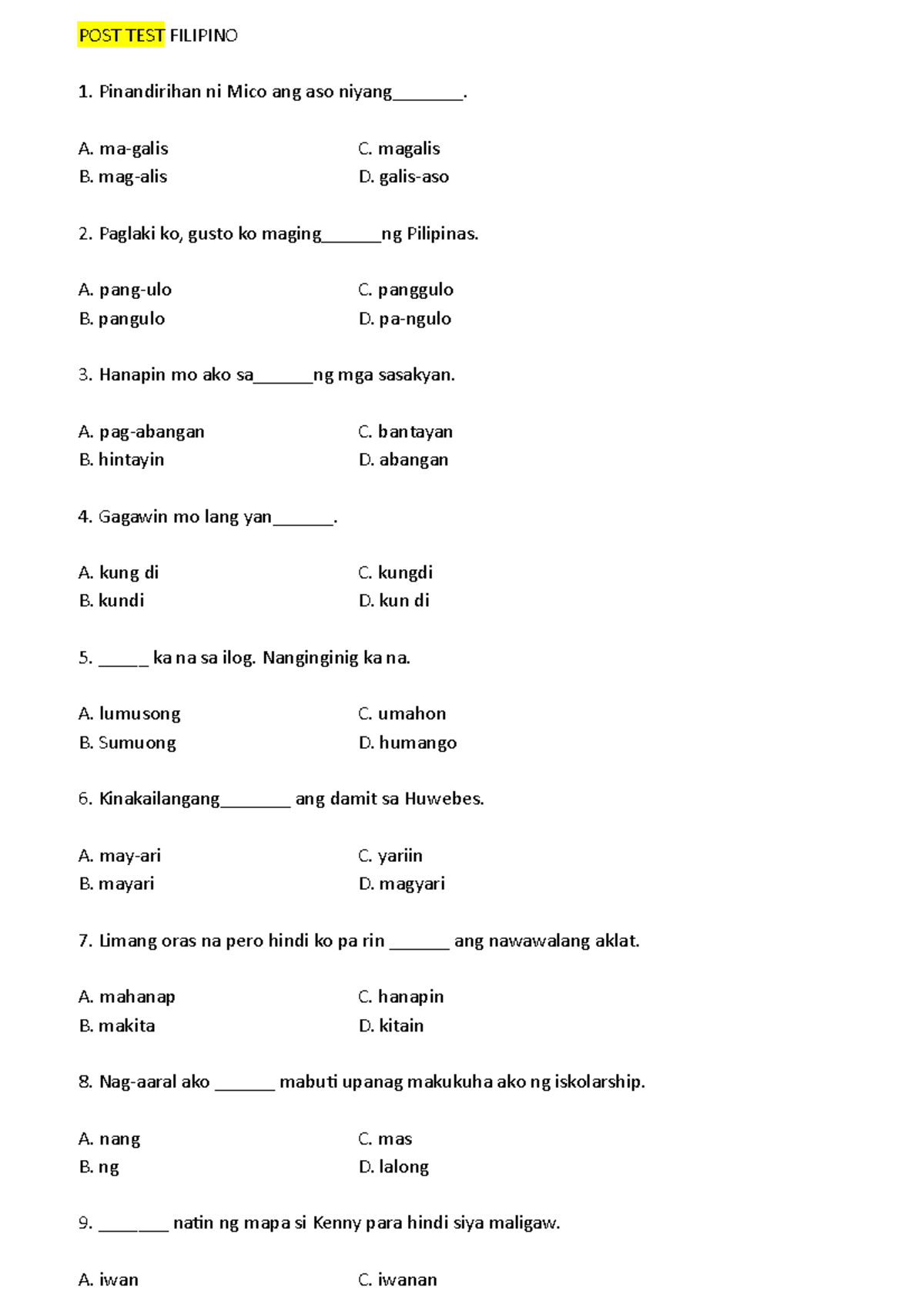 Filipino POST TEST: Comprehensive Practice Questions and Answers - Studocu