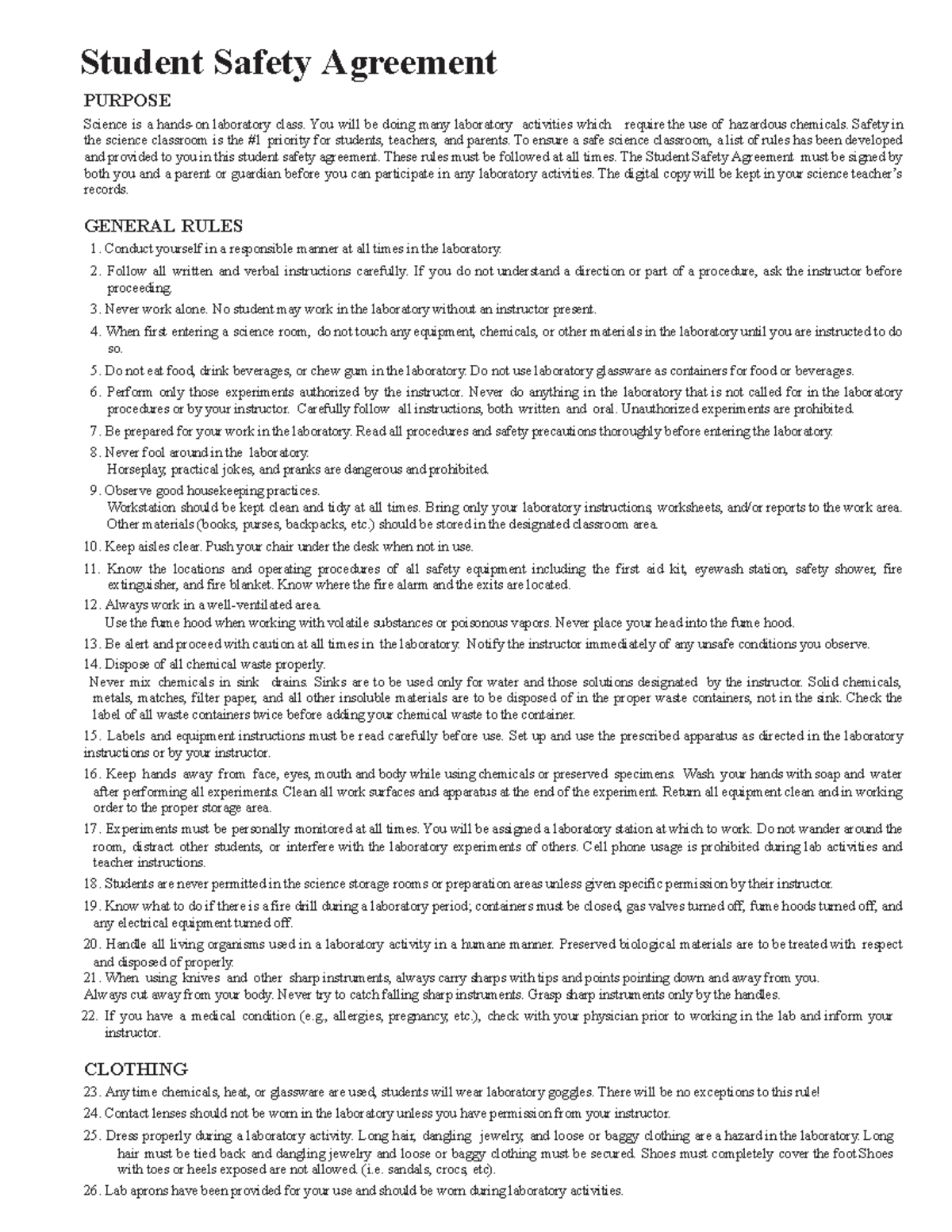 High School Science Lab Safety Agreement 2024 - Studocu