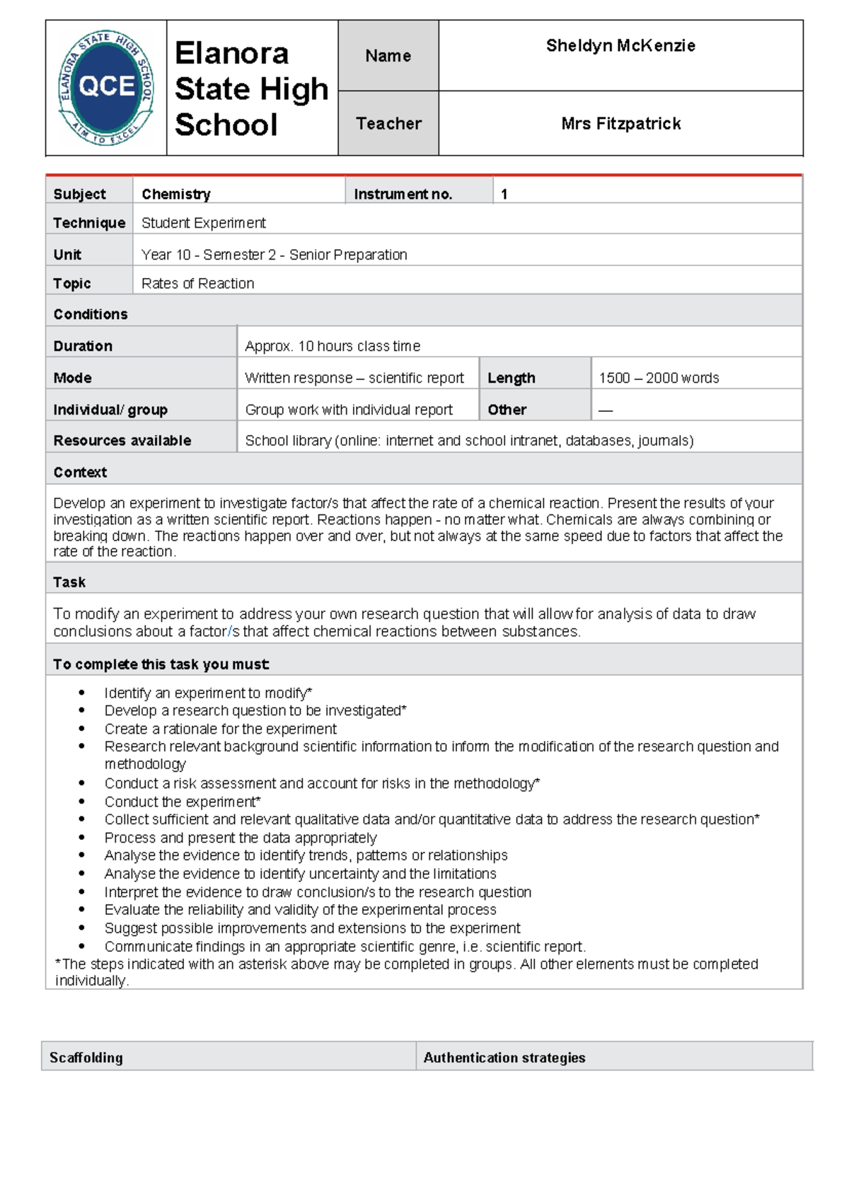 Y10 Chemistry Experiment - Investigating Reaction Rates Task Sheet ...