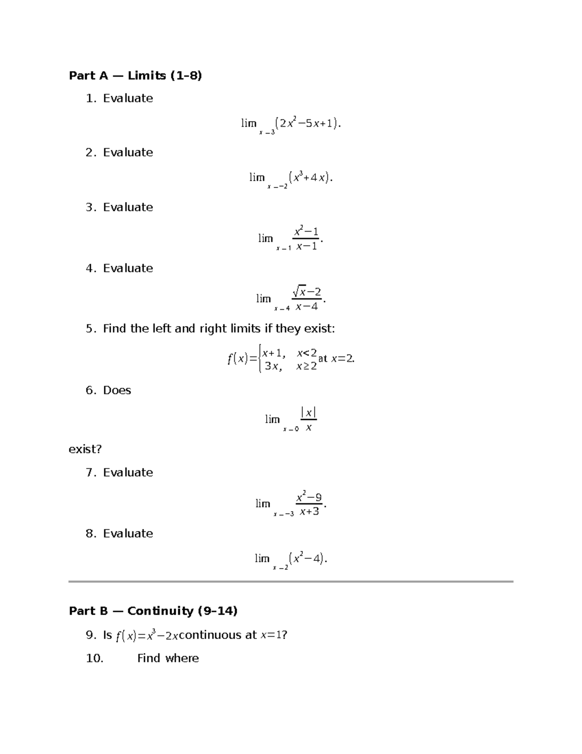 MATH 209 — Practice Midterm Exam: Limits, Continuity & Inequalities ...