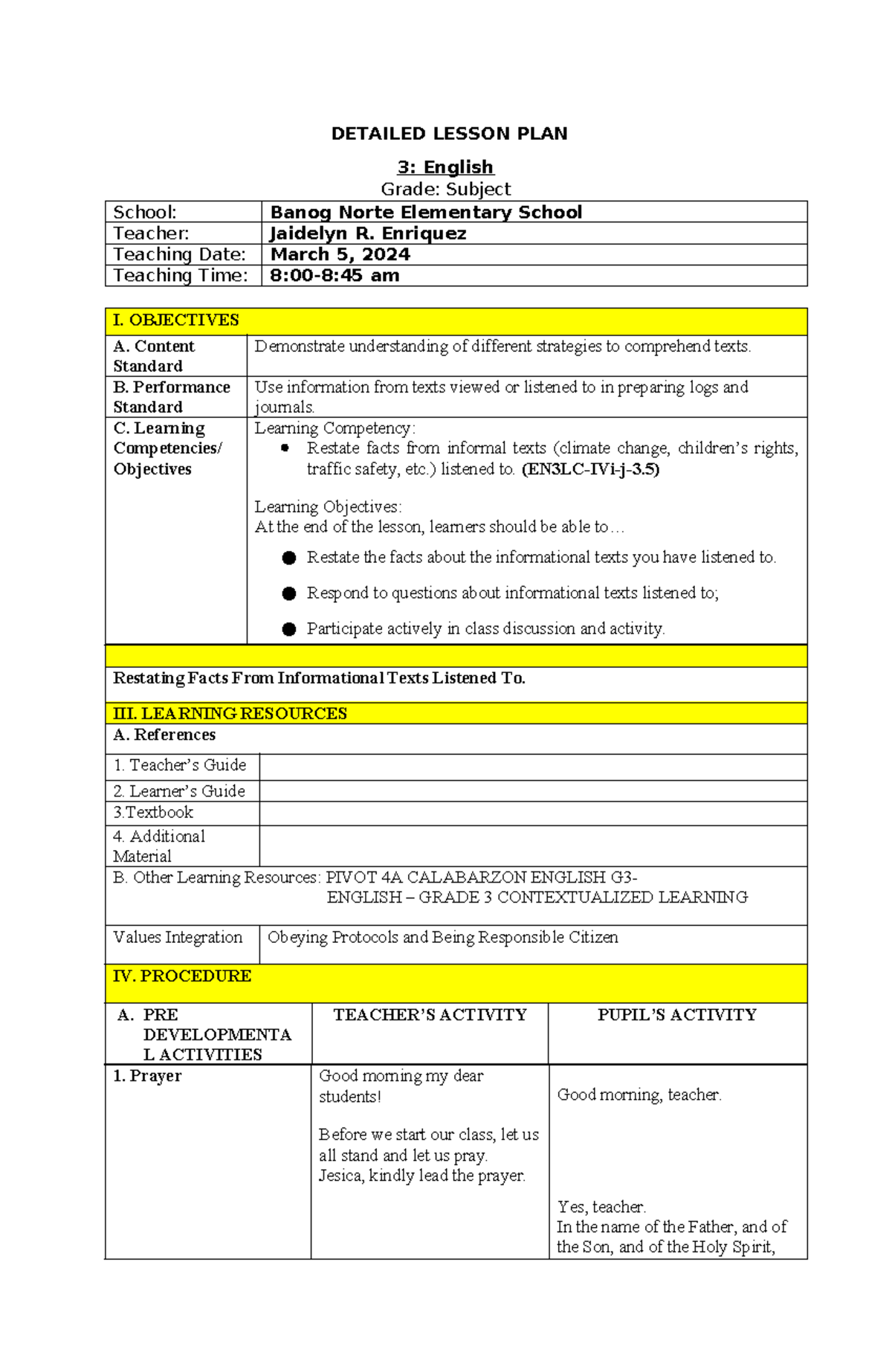 English 3 Lesson Plan: Restating Facts from Informational Texts - Studocu