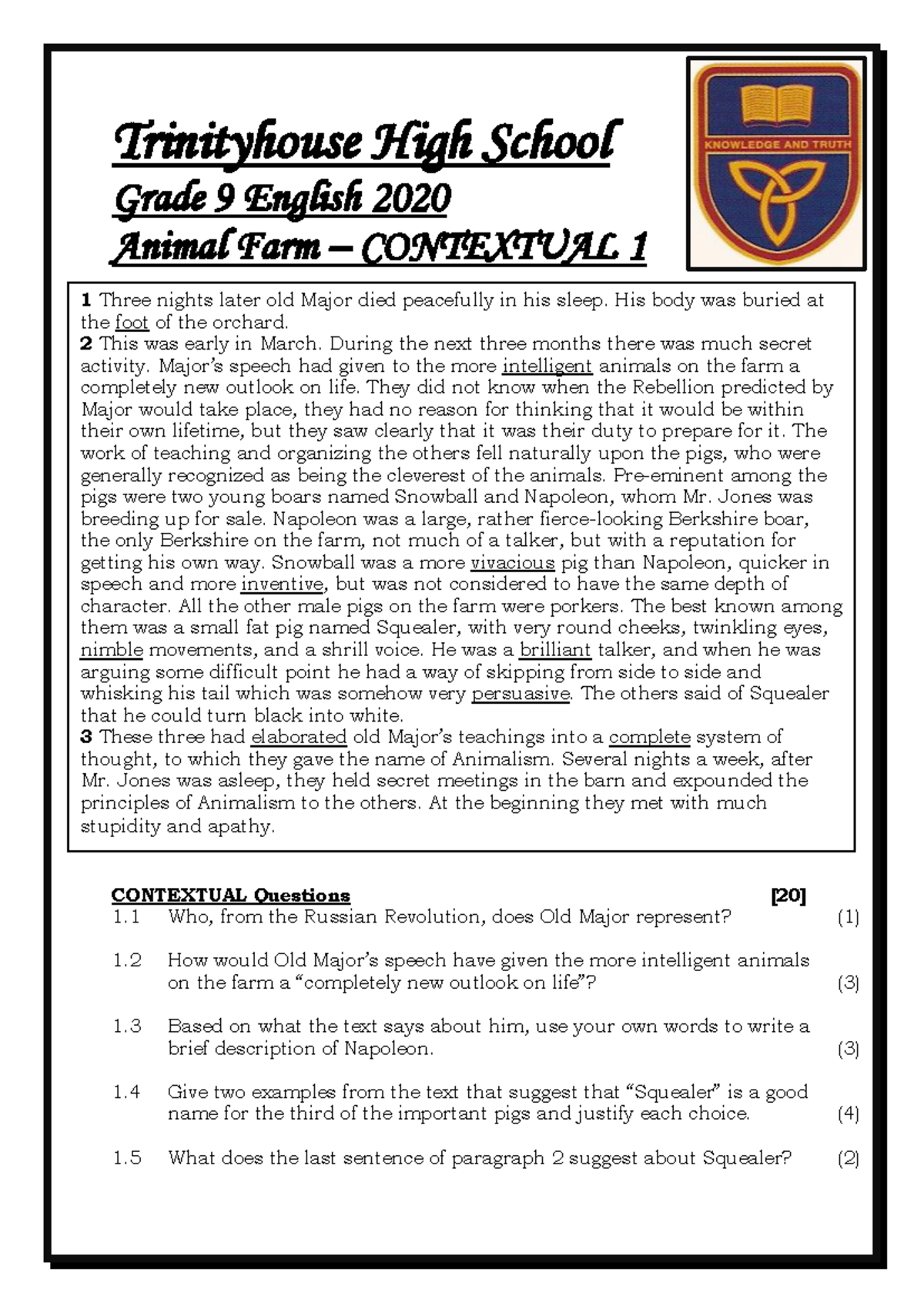 AF Grade 9 English - Contextual Exercise on Animal Farm - Studocu