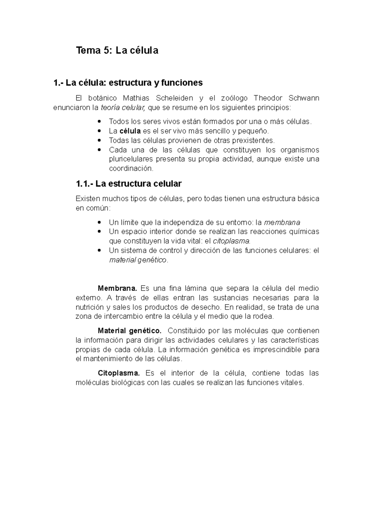 Tema 5: La Célula - Estructura y Funciones Celulares - Studocu