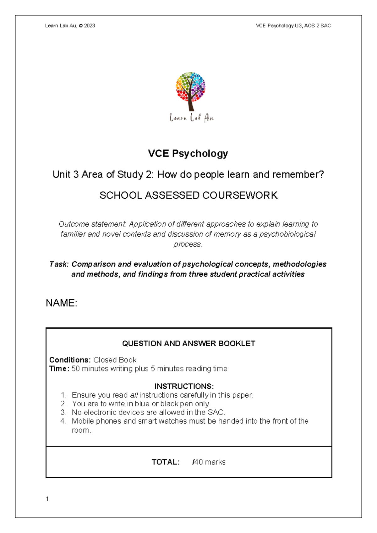 VCE Psychology Unit 3 AoS 2 SAC - Learning & Memory Activities Guide ...