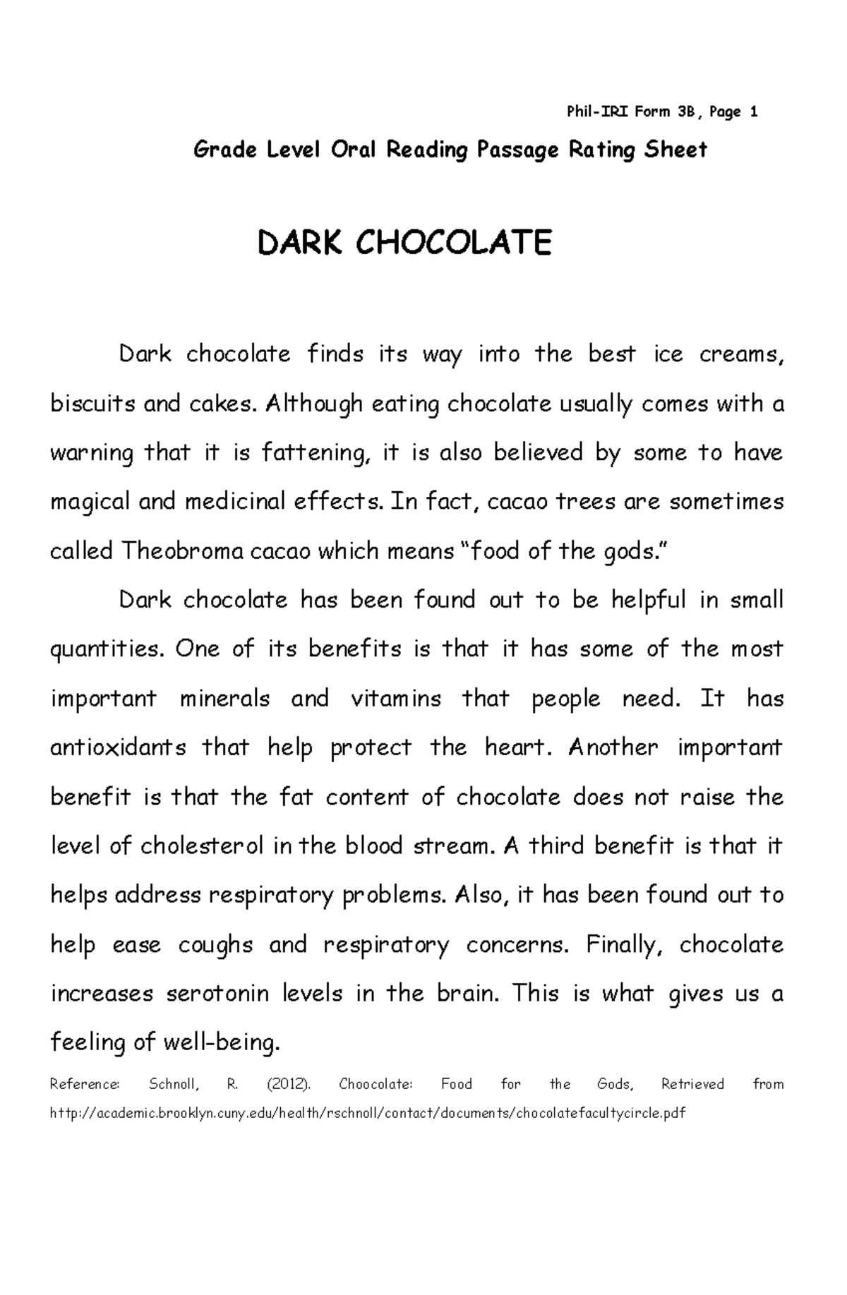 Phil-IRI Grade Level Oral Reading Passage: Dark Chocolate Review - Studocu