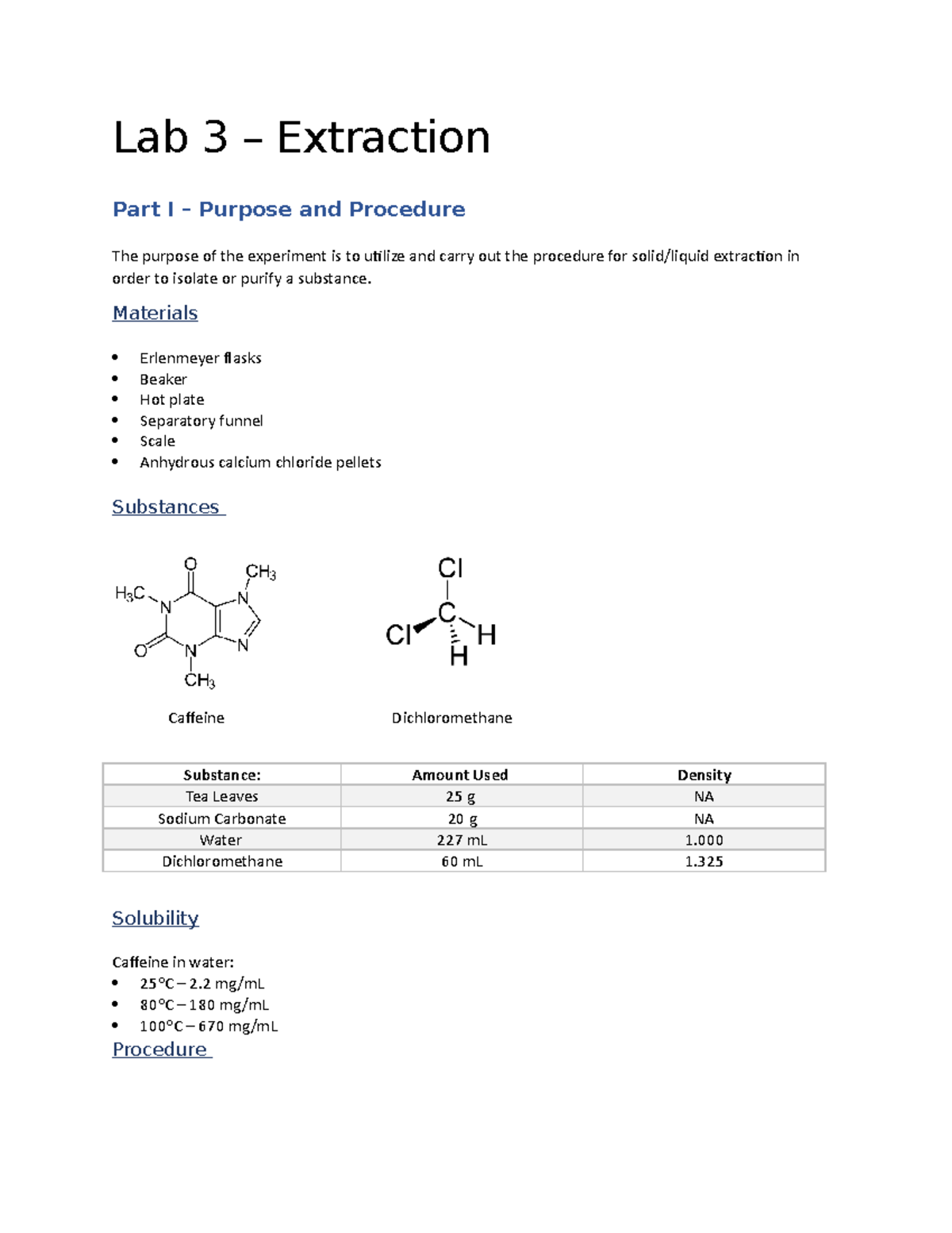 Organic Chemistry I - Extraction Lab - Lab 3 – Extraction Part I ...