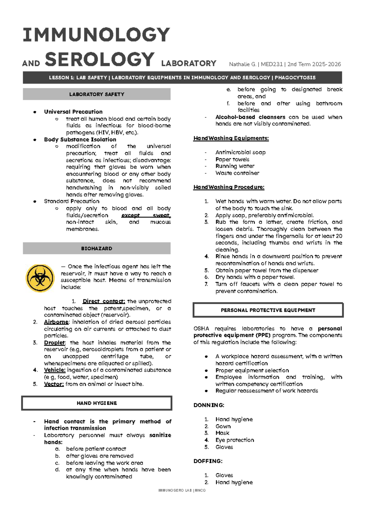 IMMUNOLOGY AND SEROLOGY LAB MED231 2nd Term LESSON 1: LAB SAFETY ...
