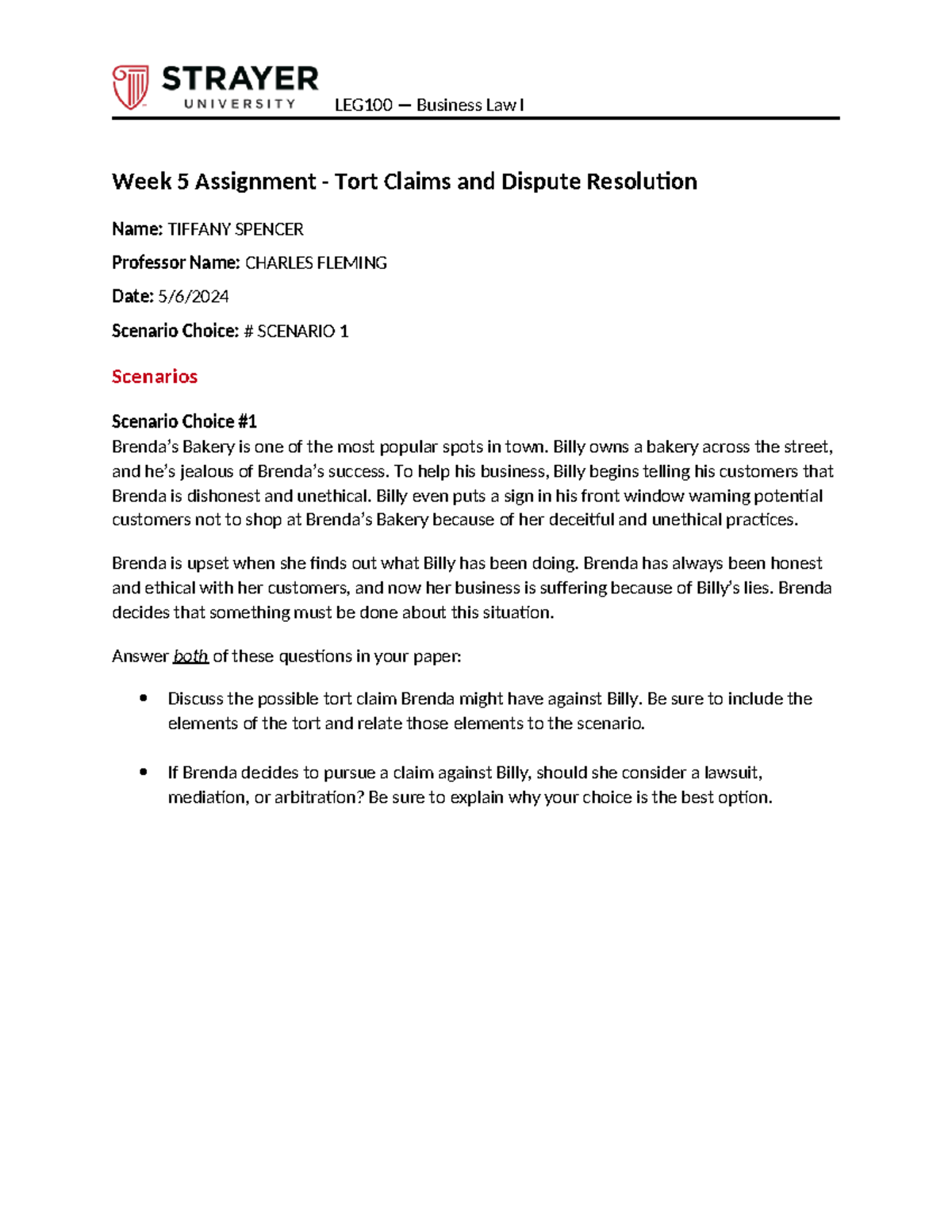 LEG100 Week 5 Assignment: Tort Claims and Dispute Resolution Analysis ...