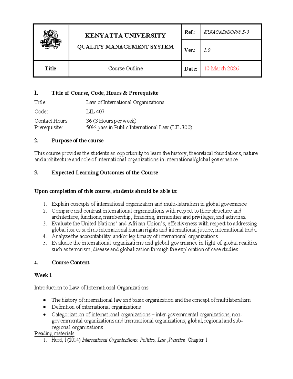 LIL 407 Law of International Organizations Course Outline 2026 - Studocu
