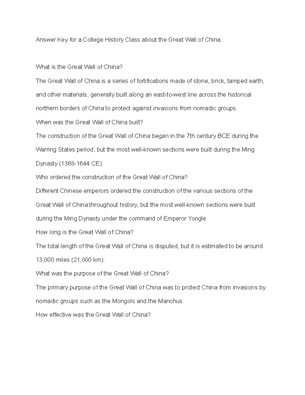 HIST101 Great Wall of China Answer Key and Overview - Studocu