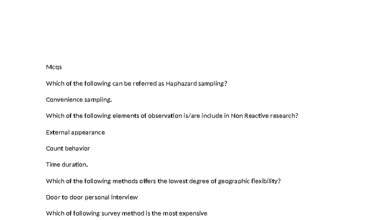Sampling Techniques and Research Methods: MCQs and Short Questions - Studocu