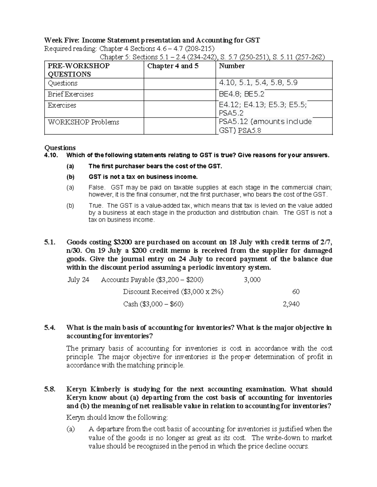 Lecture 5: Income Statement & GST Accounting Questions and Solutions ...