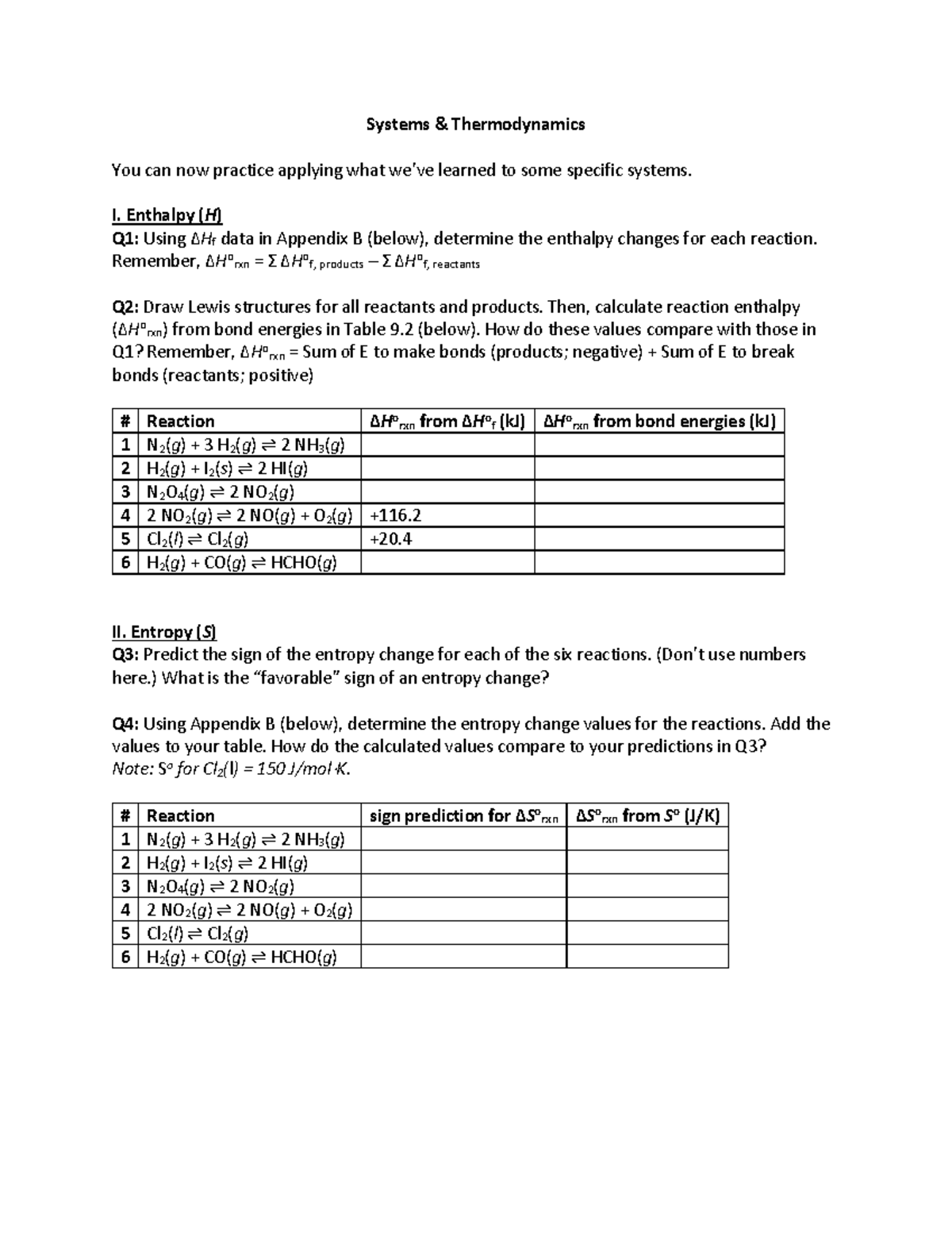 CHEM1061 Final Exam Review - Systems & Thermodynamics Worksheet 5 - Studocu
