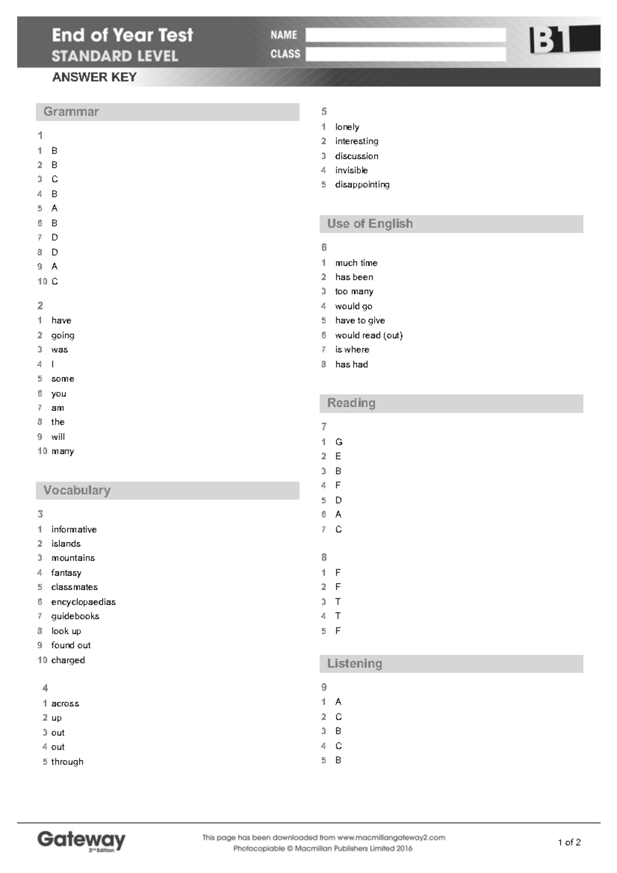 B1 End of Year Test Answer Key - Grammar & Vocabulary - Studocu