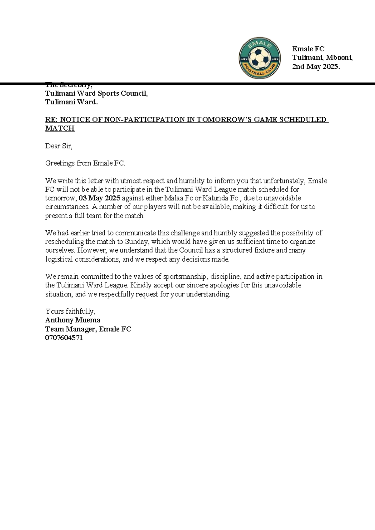 Emale FC Notice: Match Cancellation for Tulimani Ward League - Studocu