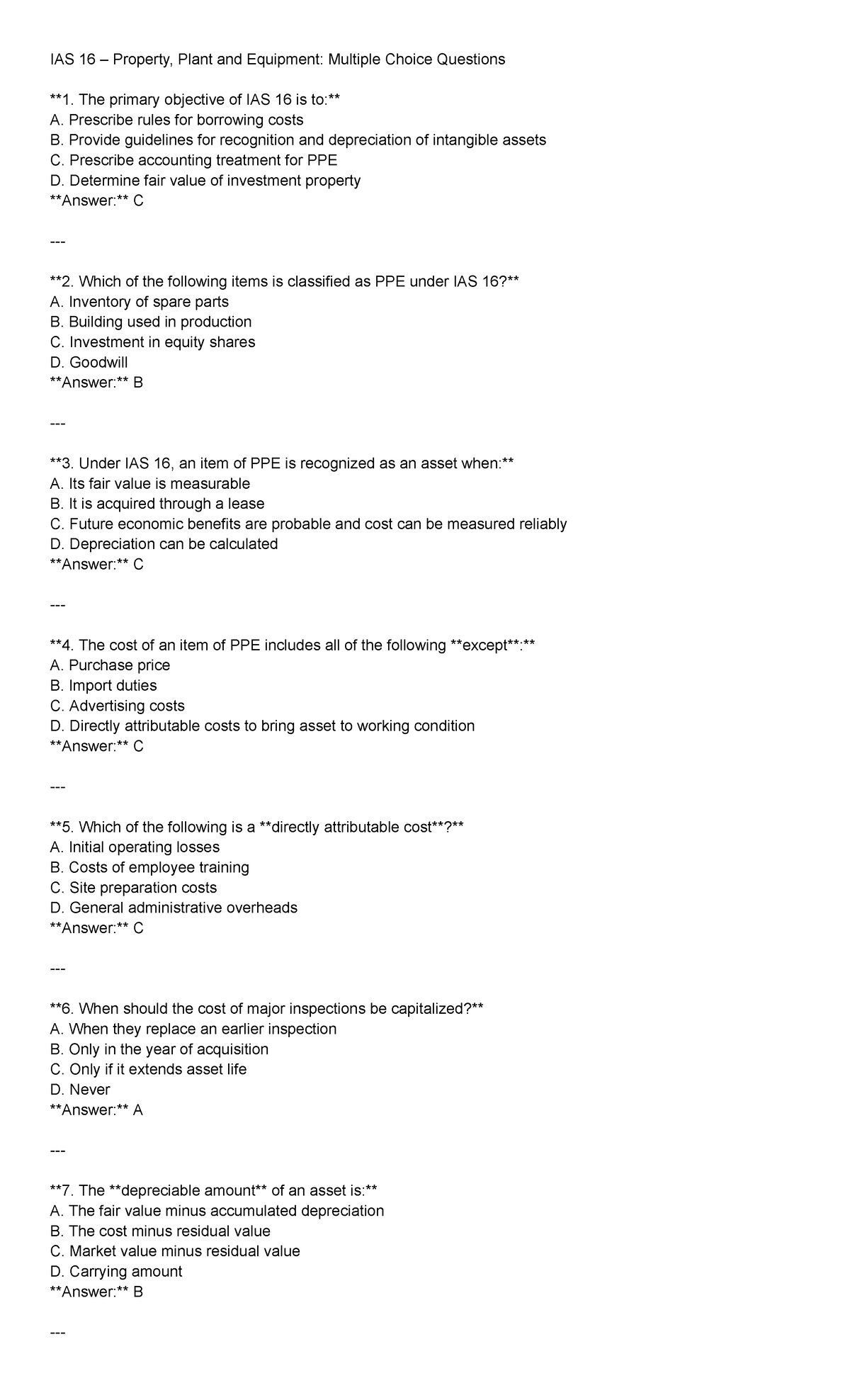 Quiz IAS 16 PPE: Mastery Practice MCQs for Accounting - Studocu