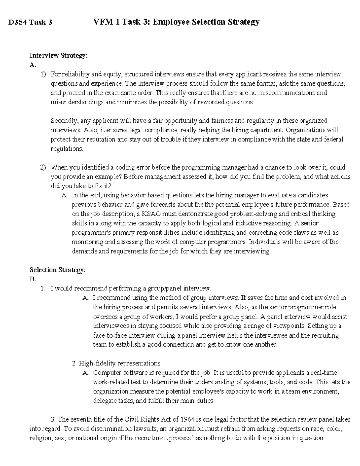 D354 Task 3: Employee Selection Strategy and Interview Techniques - Studocu